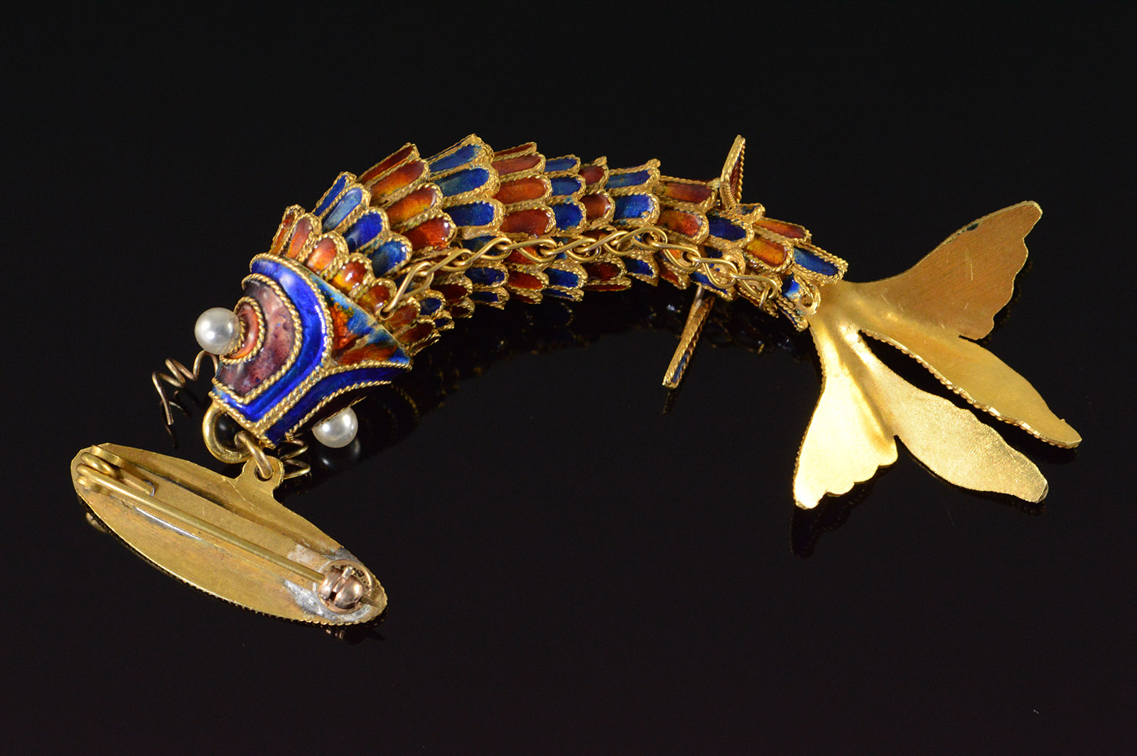 18K Huge - Chinese Victorian Style Red Blue Enamel Articulated Fish ...
