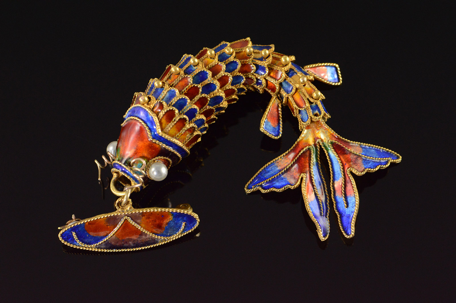 18K Huge - Chinese Victorian Style Red Blue Enamel Articulated Fish ...