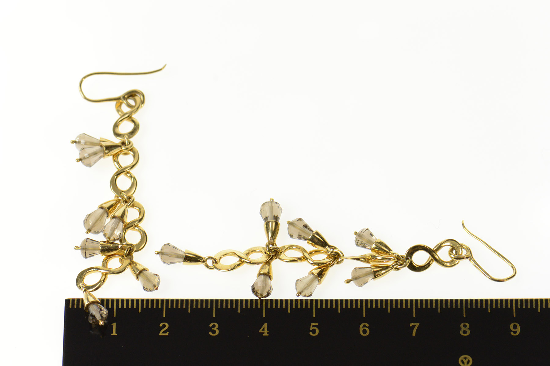 18K Ornate Smoky Quartz Fringe Dangle Hook Yellow Gold Earrings ...