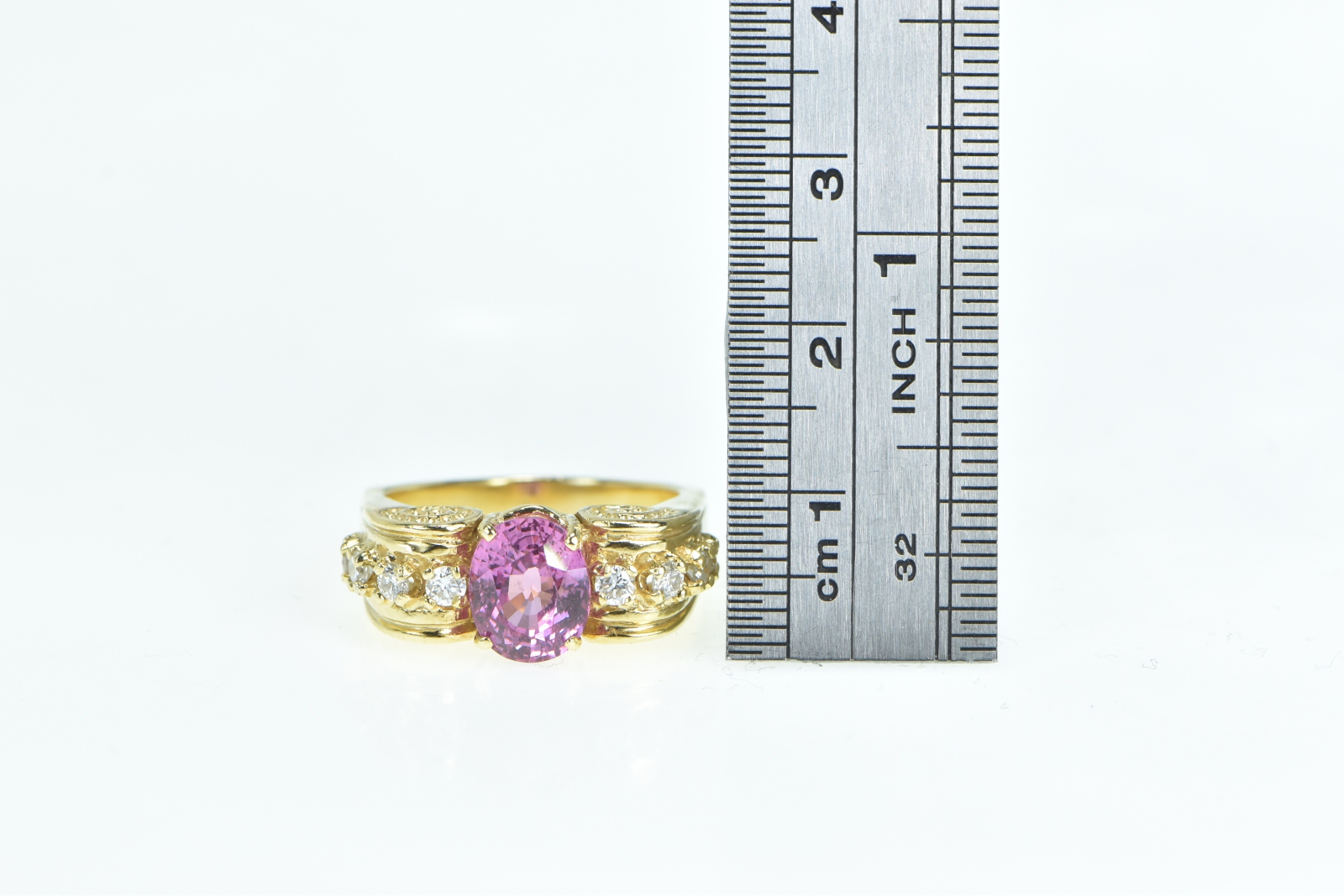 18K Oval Pink Sapphire Diamond Swirl Statement Yellow Gold Ring, Size 7 ...