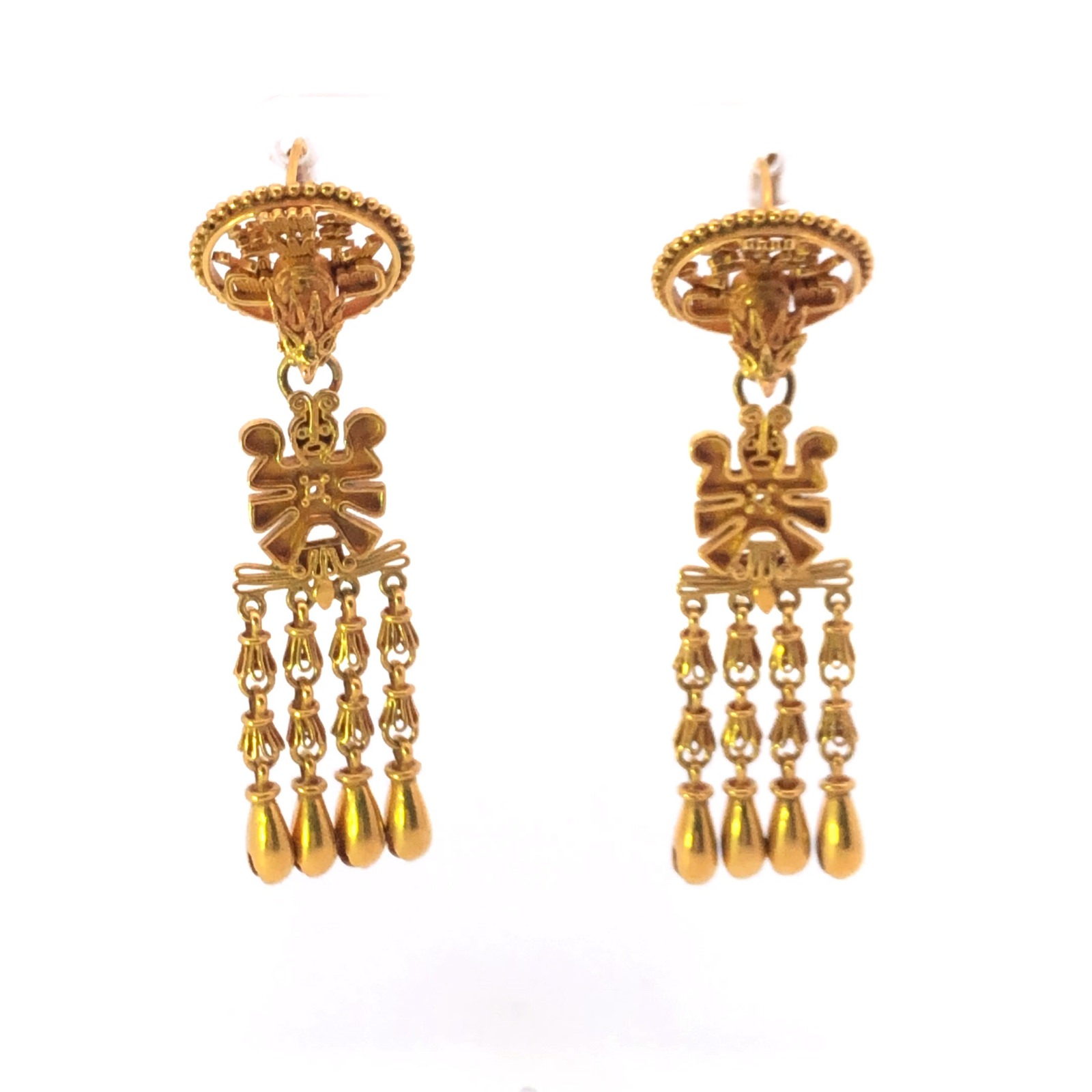 18K Peruvian Ornate Falcon Bird Dangle Fringe Yellow Gold Earrings ...