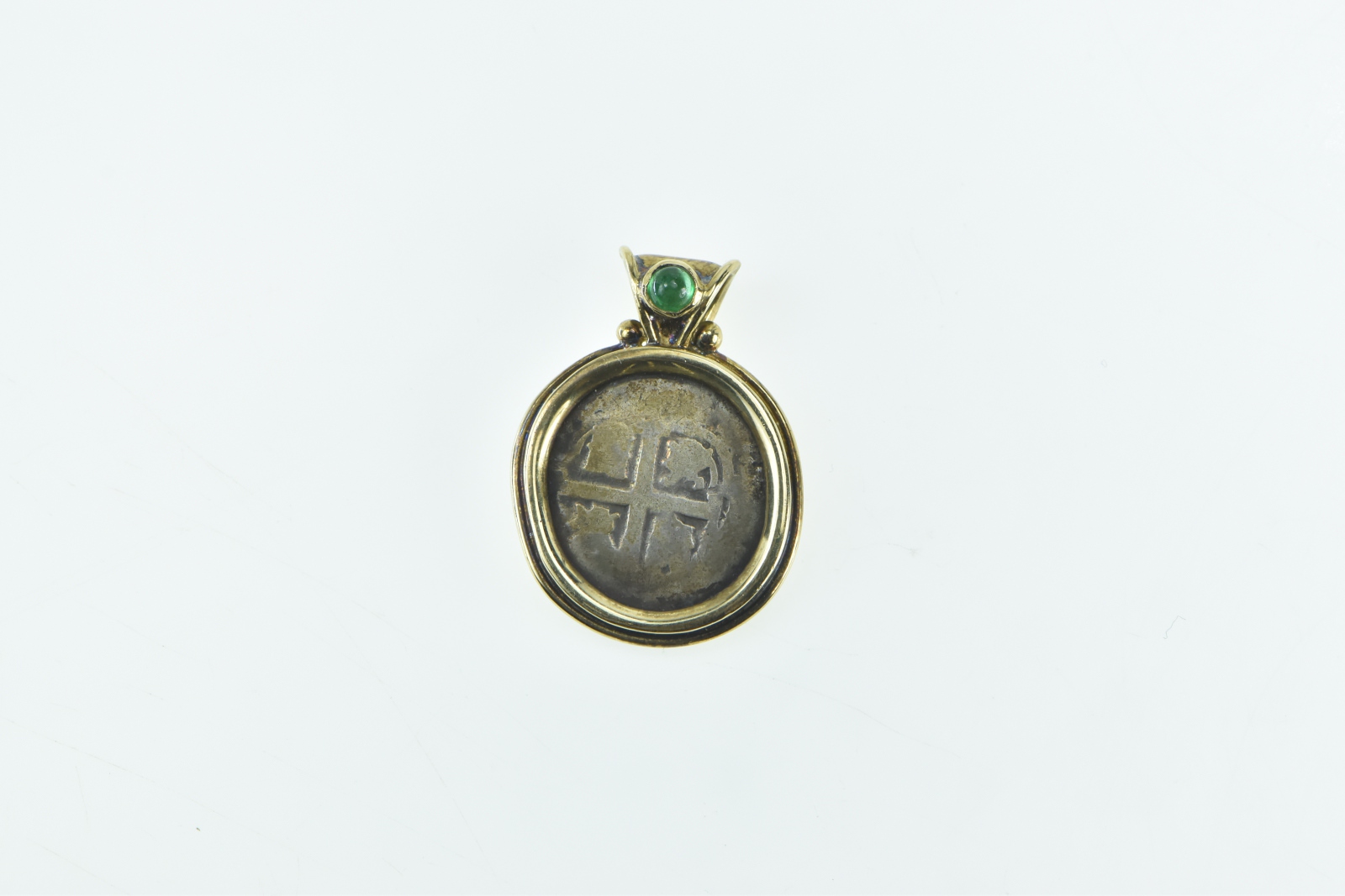 18K Spanish Shipwreck Coin Emerald Accent Yellow Gold Pendant ...