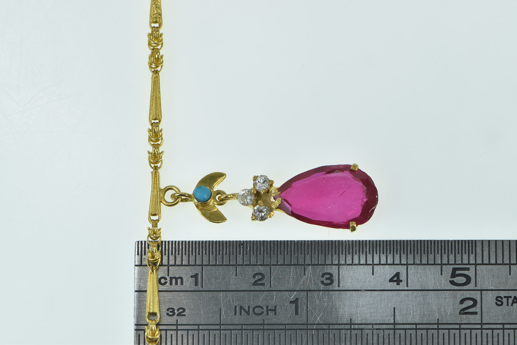 22K Ornate Syn. Ruby CZ Turquoise Fringe Drop Yellow Gold Necklace 19 ...