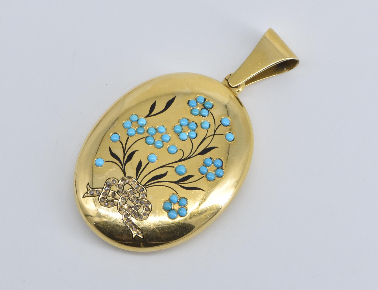 22K Turquoise Forget Me Not Rose Diamond Mourning Yellow Gold Pendant ...