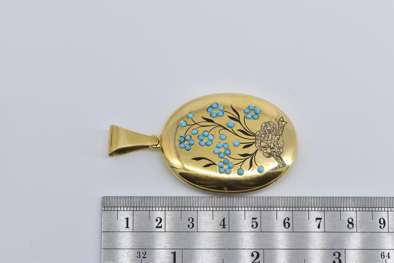 22K Turquoise Forget Me Not Rose Diamond Mourning Yellow Gold Pendant ...