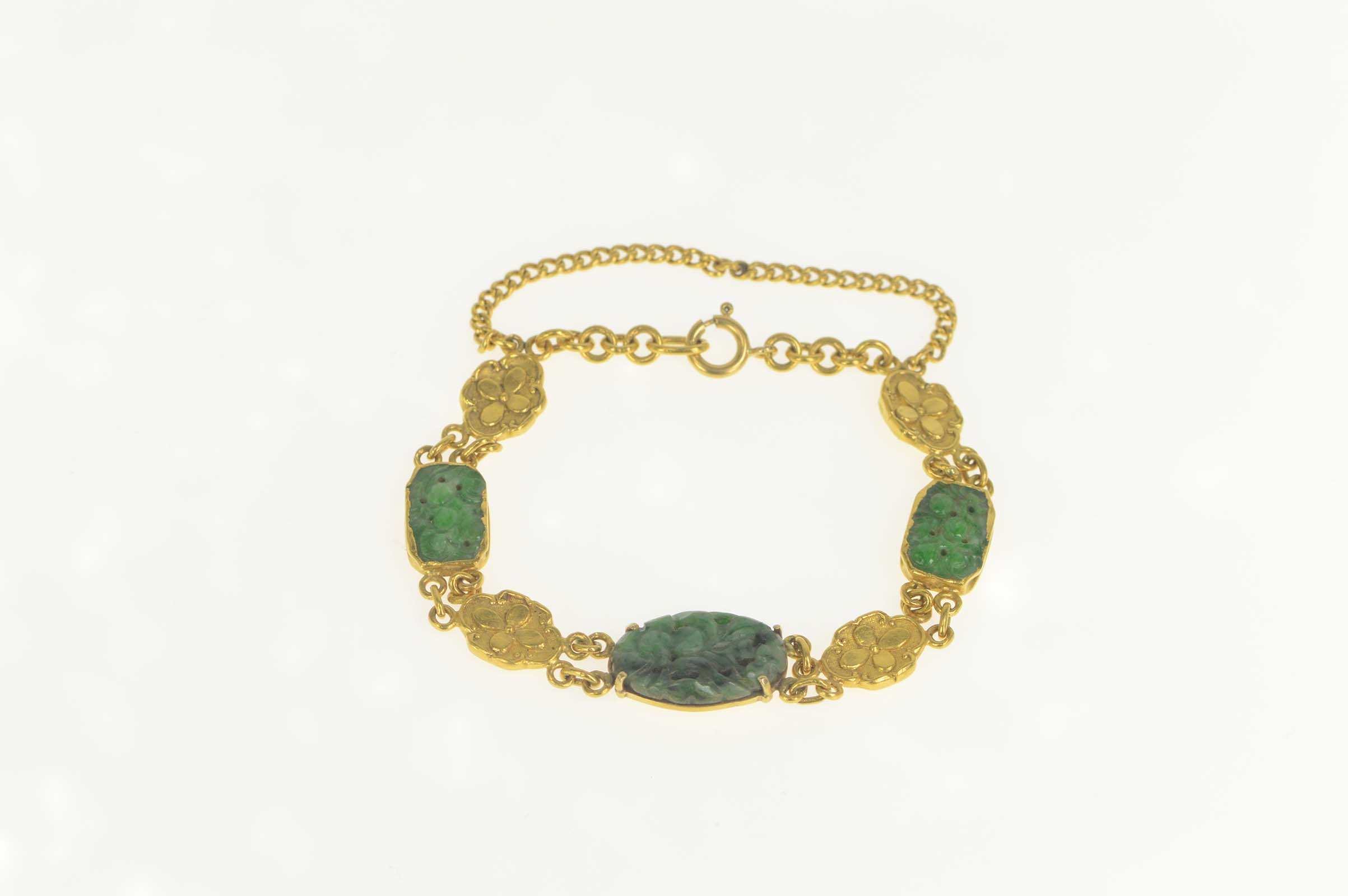 24K Ornate Carved Chinese Jade Flower Yellow Gold Bracelet 7 ...