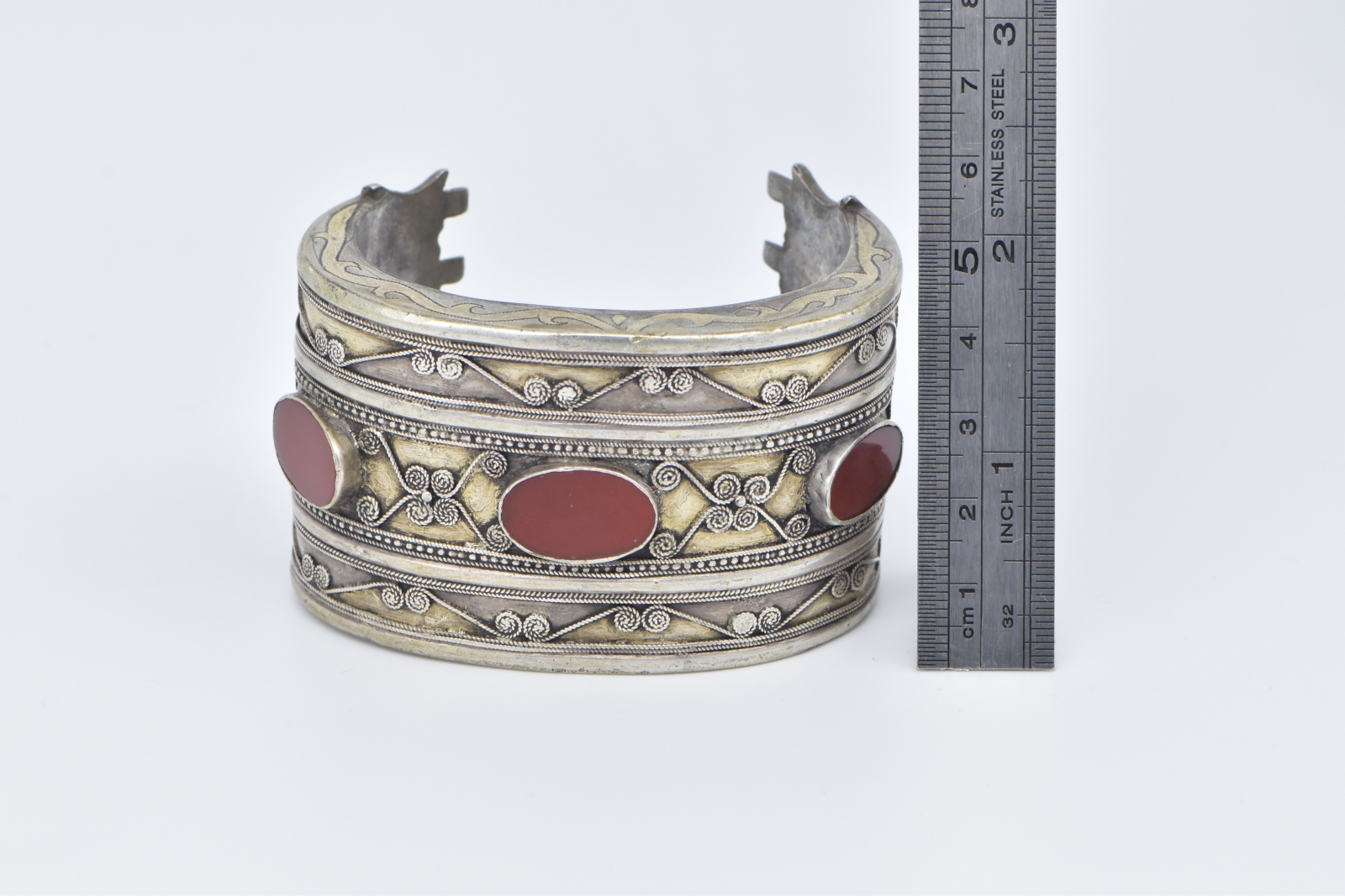 Coin Silver Ornate Carnelian Inlay Scroll Pattern Cuff Bracelet 6.5 ...