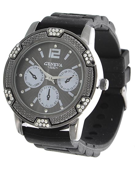 Geneva Rhinestone Black Hematite Black Rubber Band Large Face - Women's ...