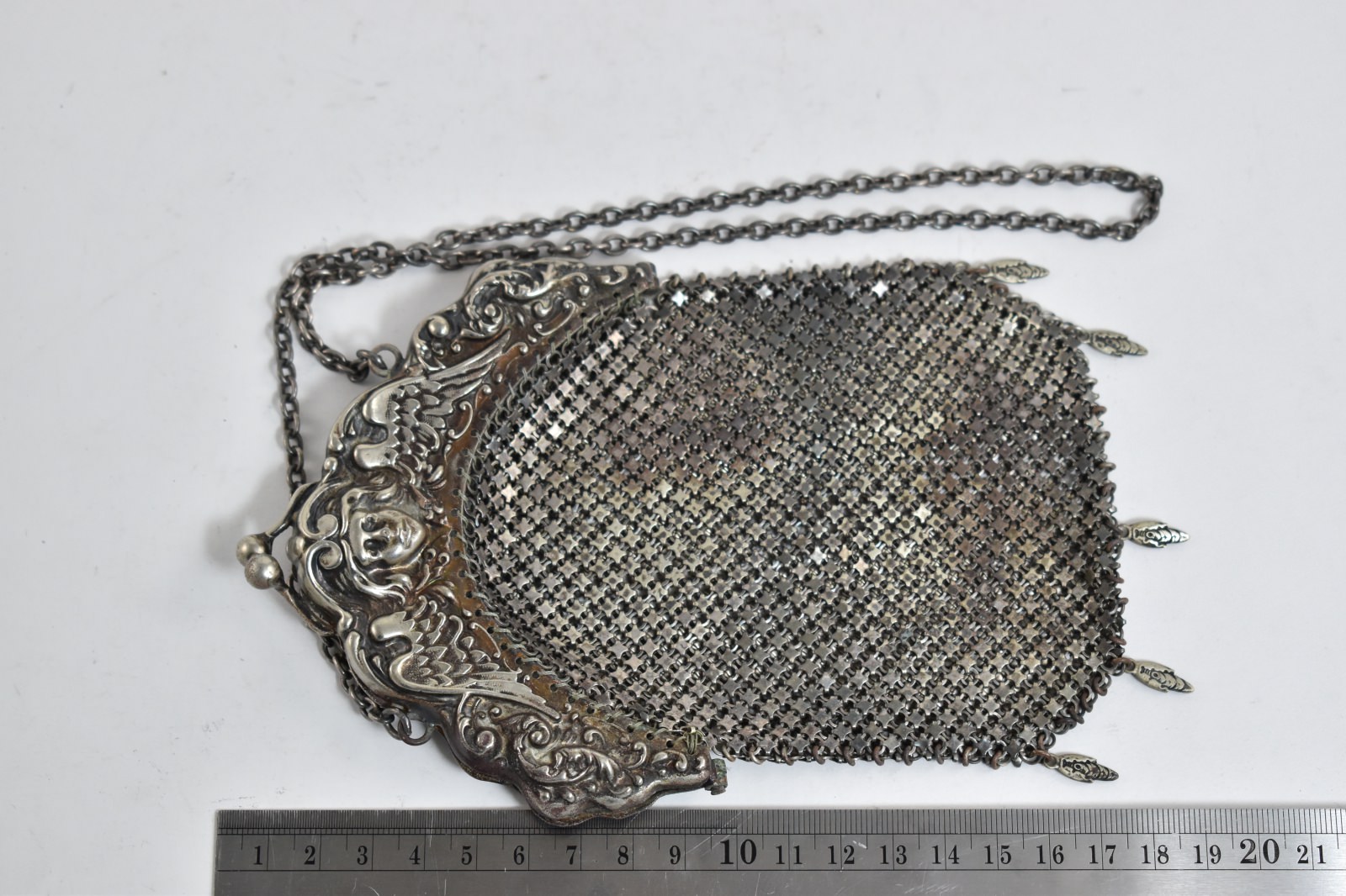 German Silver Victorian Classical Angel Repousse Mesh Purse | Property Room