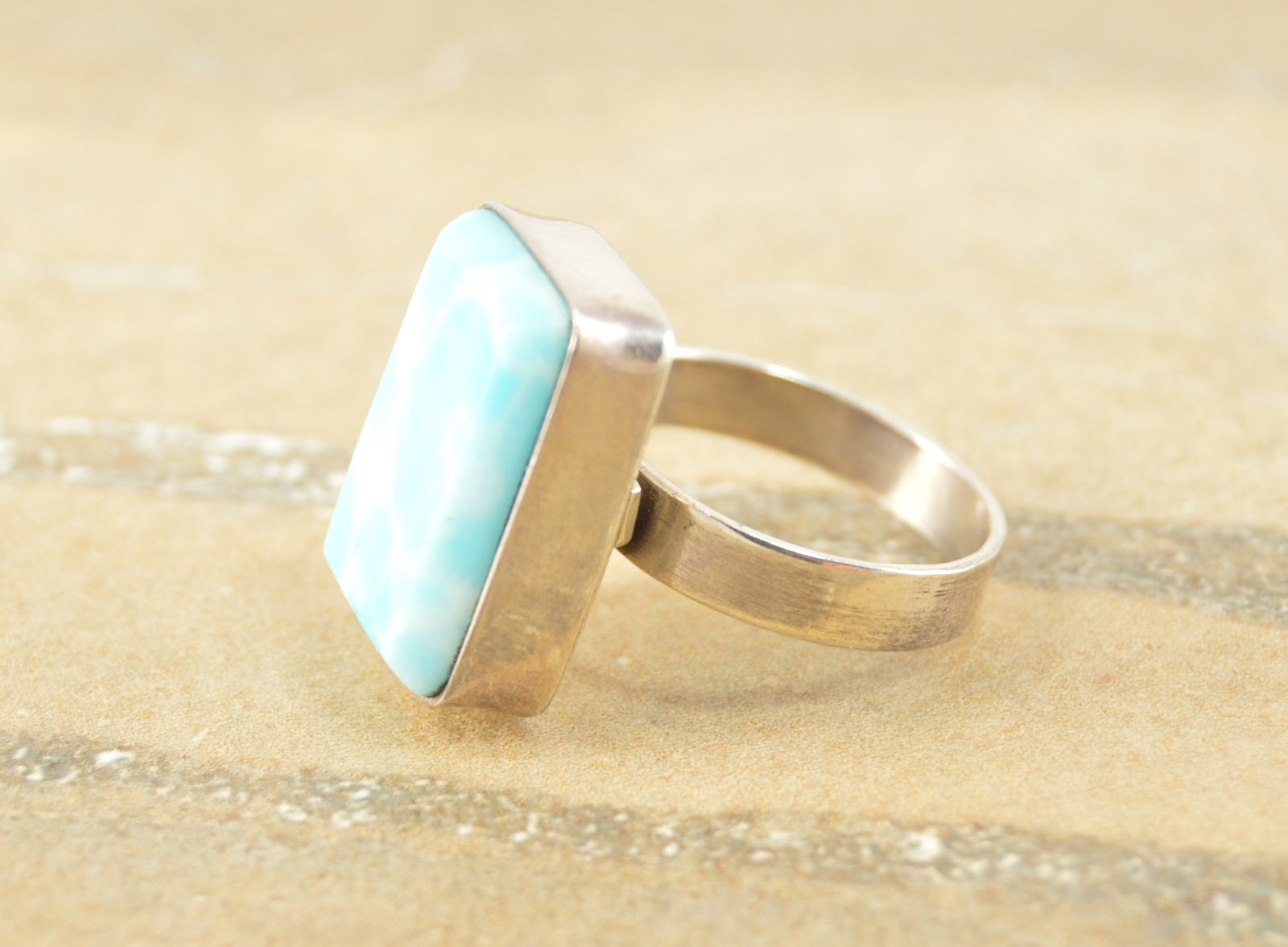 Rectangular Bezel Set Larimar Blue Stone Modern Ring Size 8.25 Sterling ...