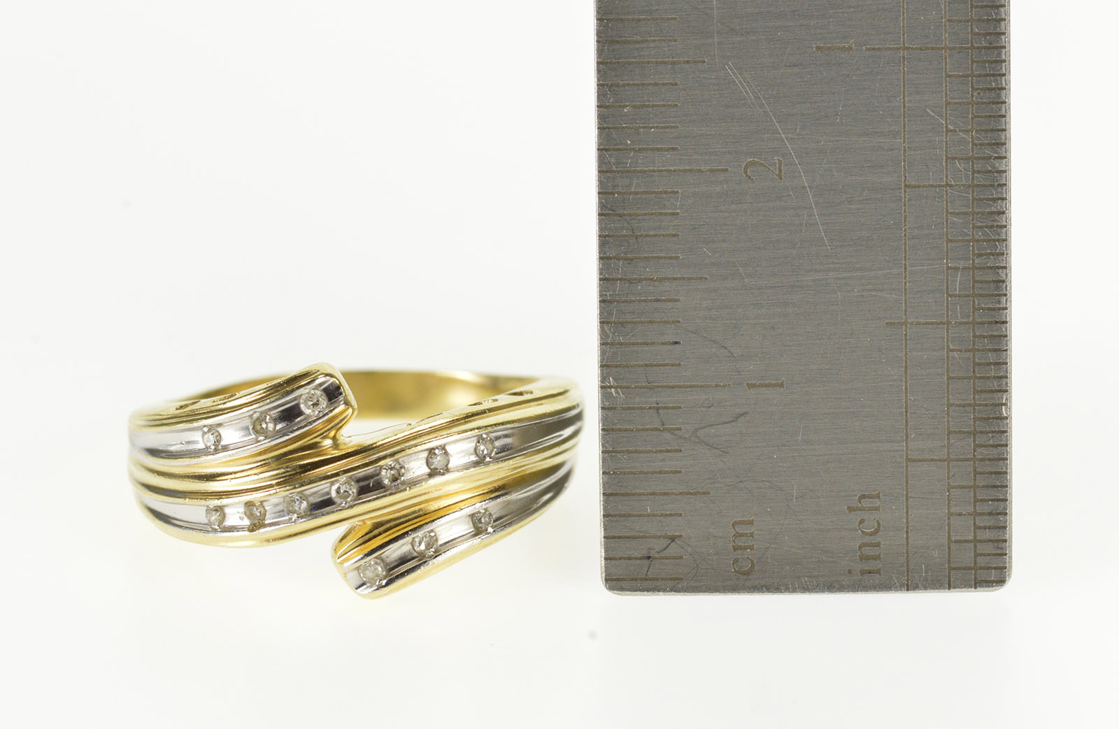 Starts @ Cost - 10K Channel Inset Diamond Wavy Bypass Band Yellow Gold ...