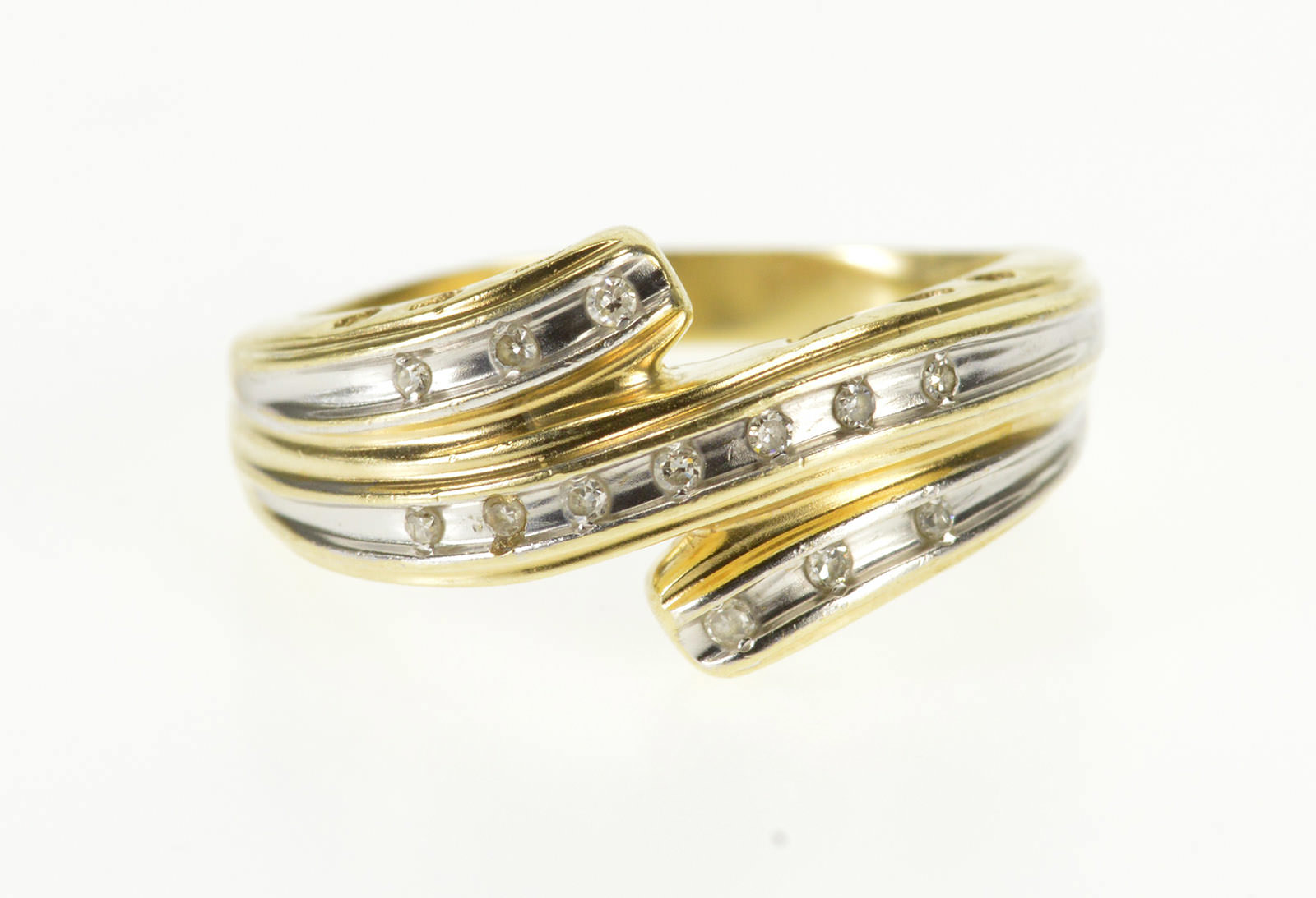 Starts @ Cost - 10K Channel Inset Diamond Wavy Bypass Band Yellow Gold ...