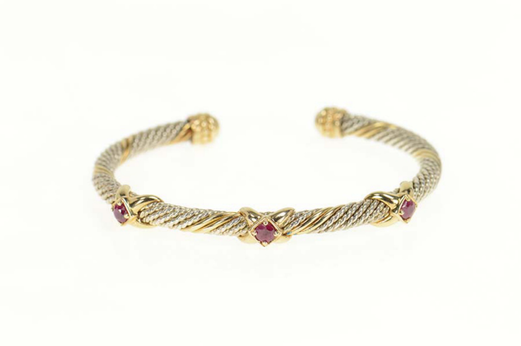 Sterling Silver 14K Two Tone Ruby X Twist Designer Cuff Bracelet 6.75 ...