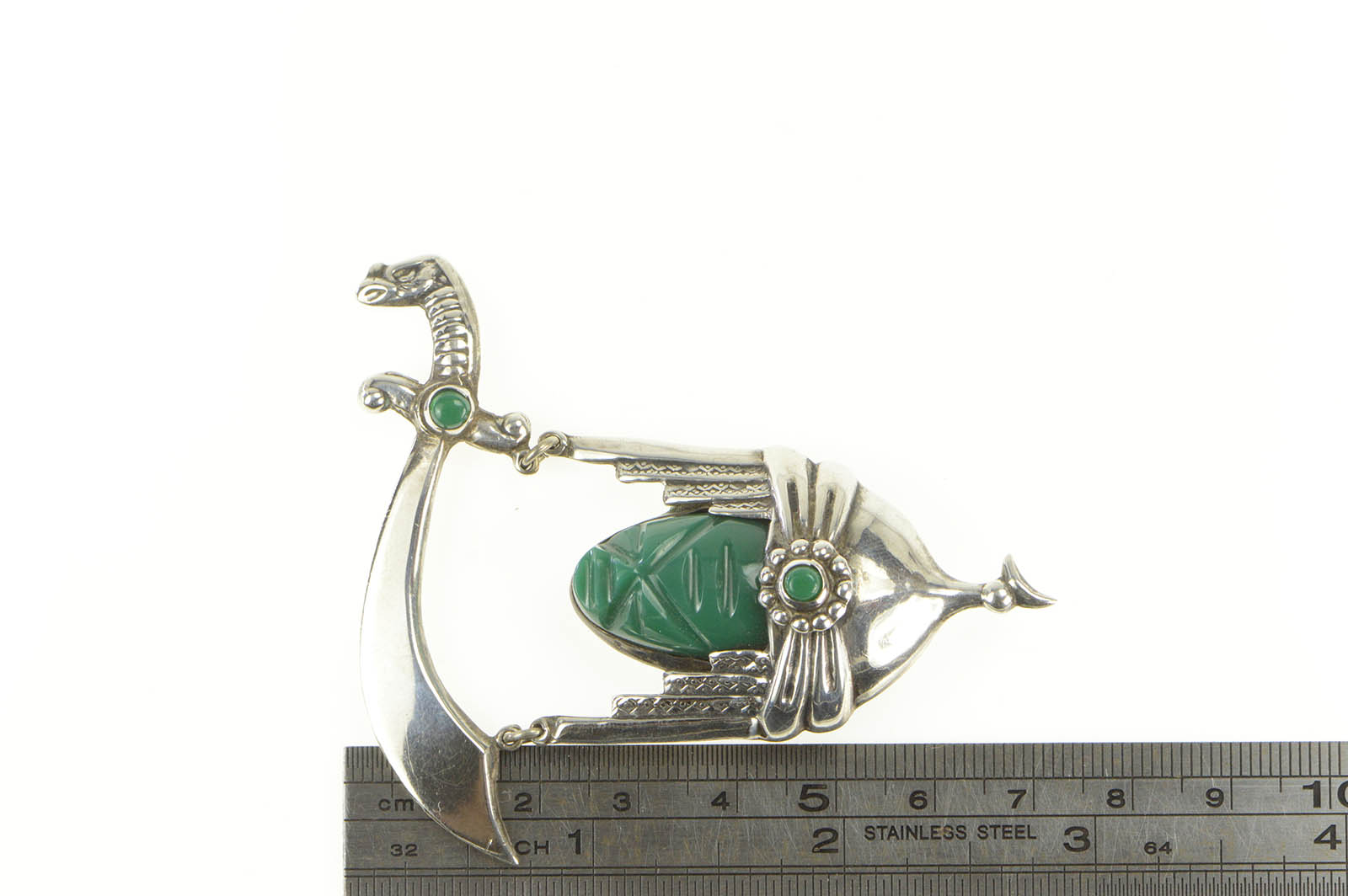 Sterling Silver Carved Tribal Mask Green Agate Scimitar Sword Pin ...