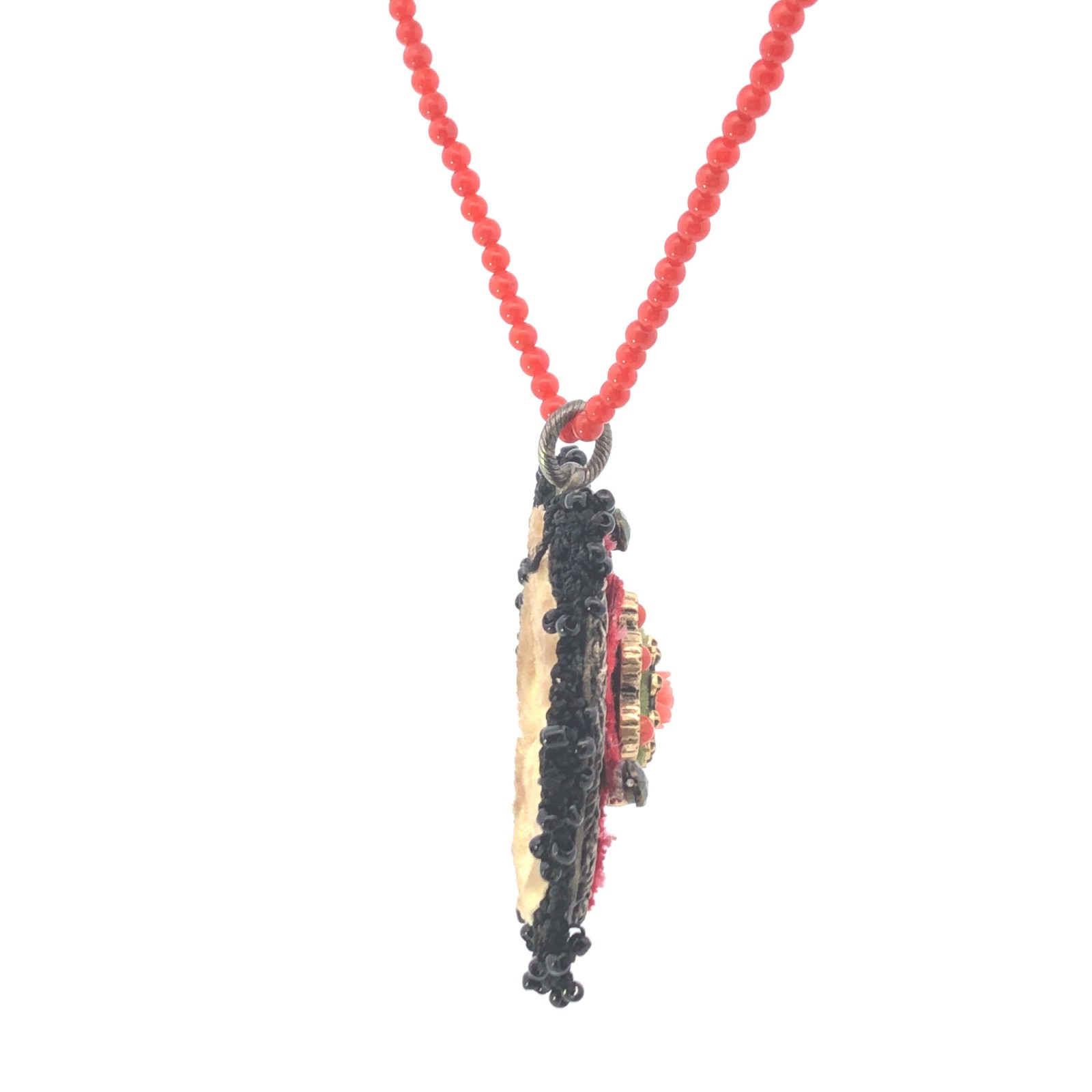 Sterling Silver Coral Rose Embroidered Floral Medallion Pendant 19.5 ...