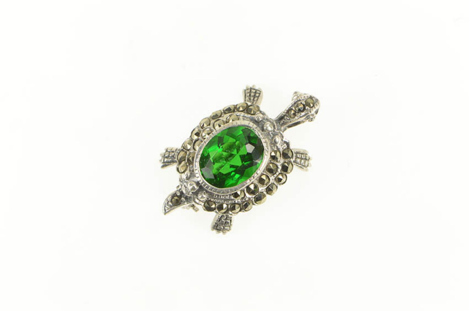Sterling Silver Marcasite Encrusted Sim. Emerald Turtle Pin/Brooch ...