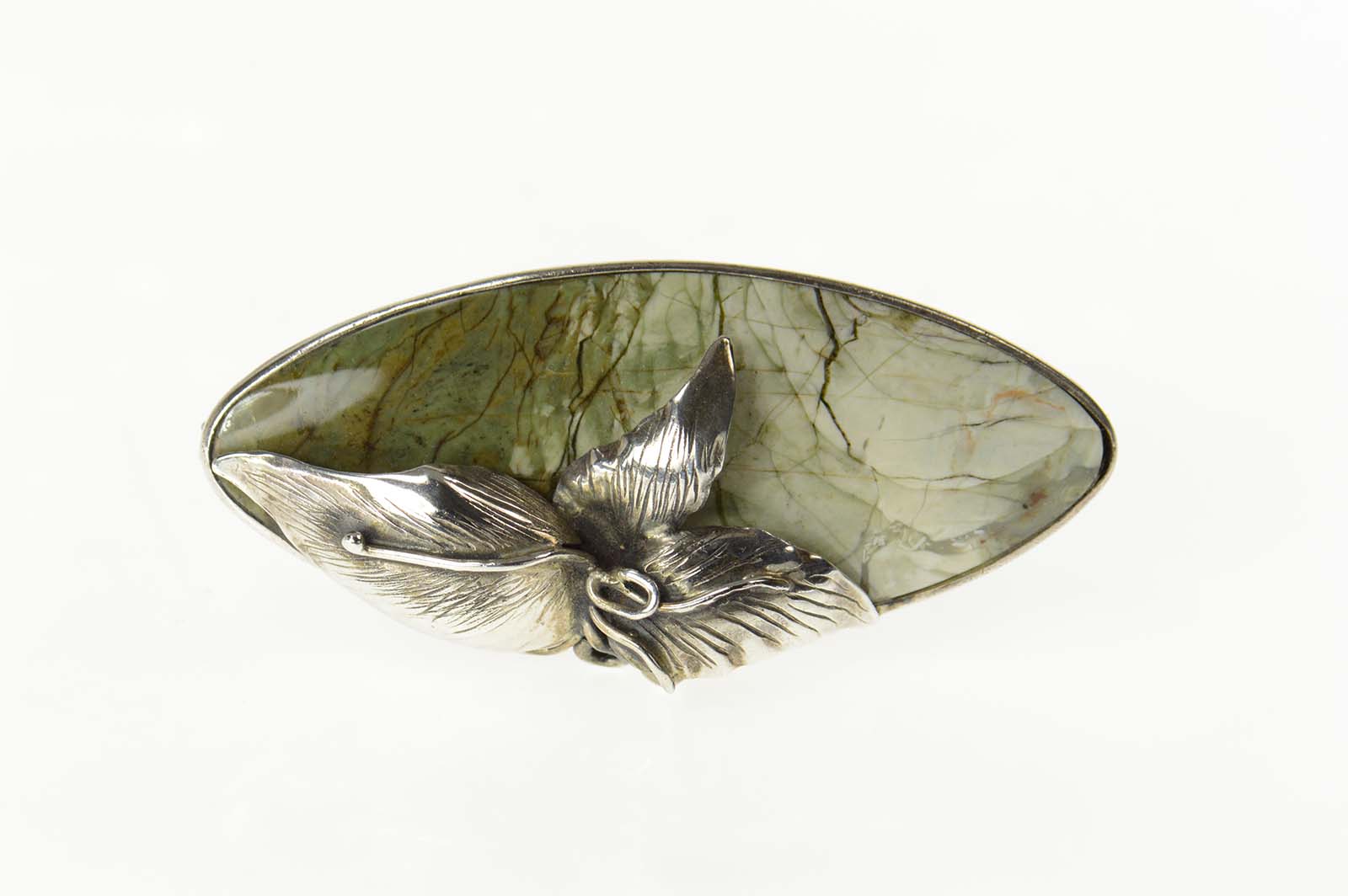 Sterling Silver Native American Green Stone Navette Flower Pin/Brooch ...