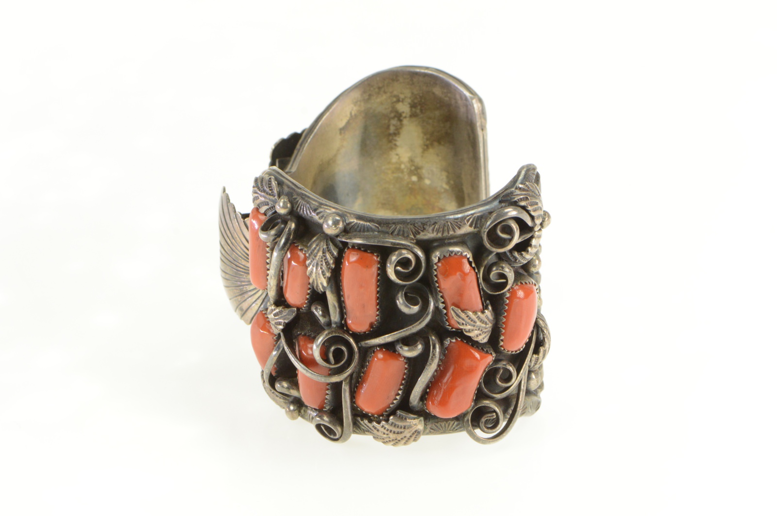 Sterling Silver Navajo Coral Jerry Wilma Begay Watch Cuff Bracelet ...