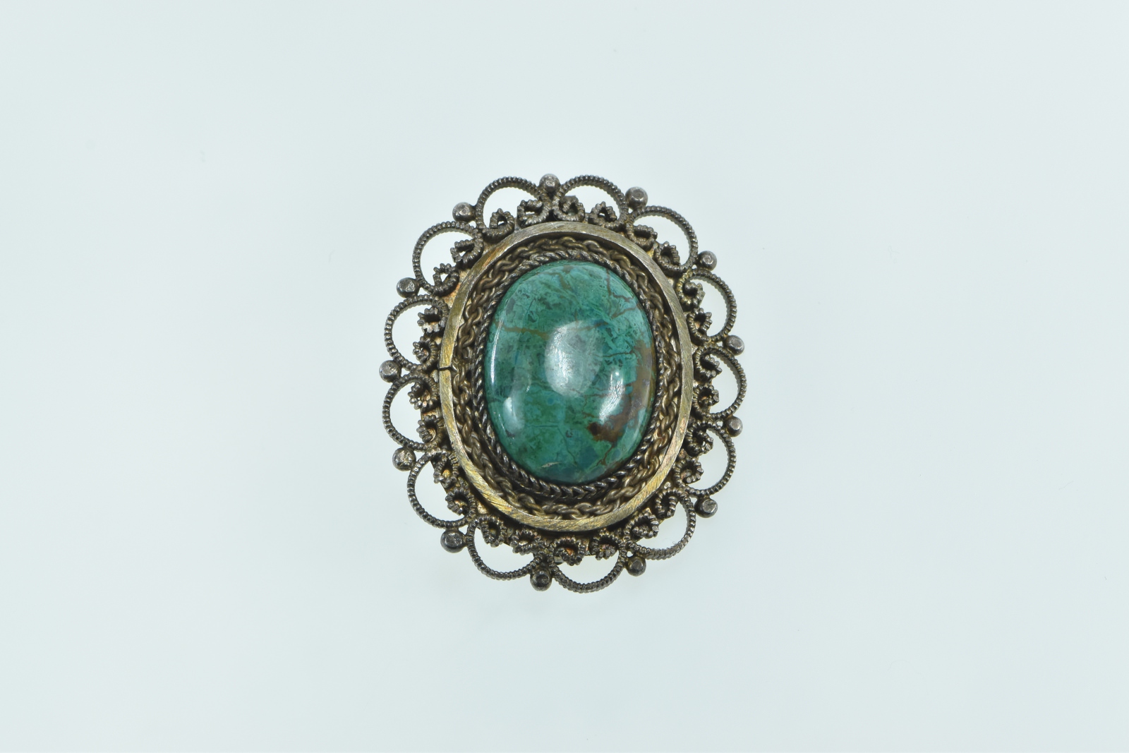 Sterling Silver Ornate Chrysoprase Filigree Halo Vintage Pin/Brooch ...