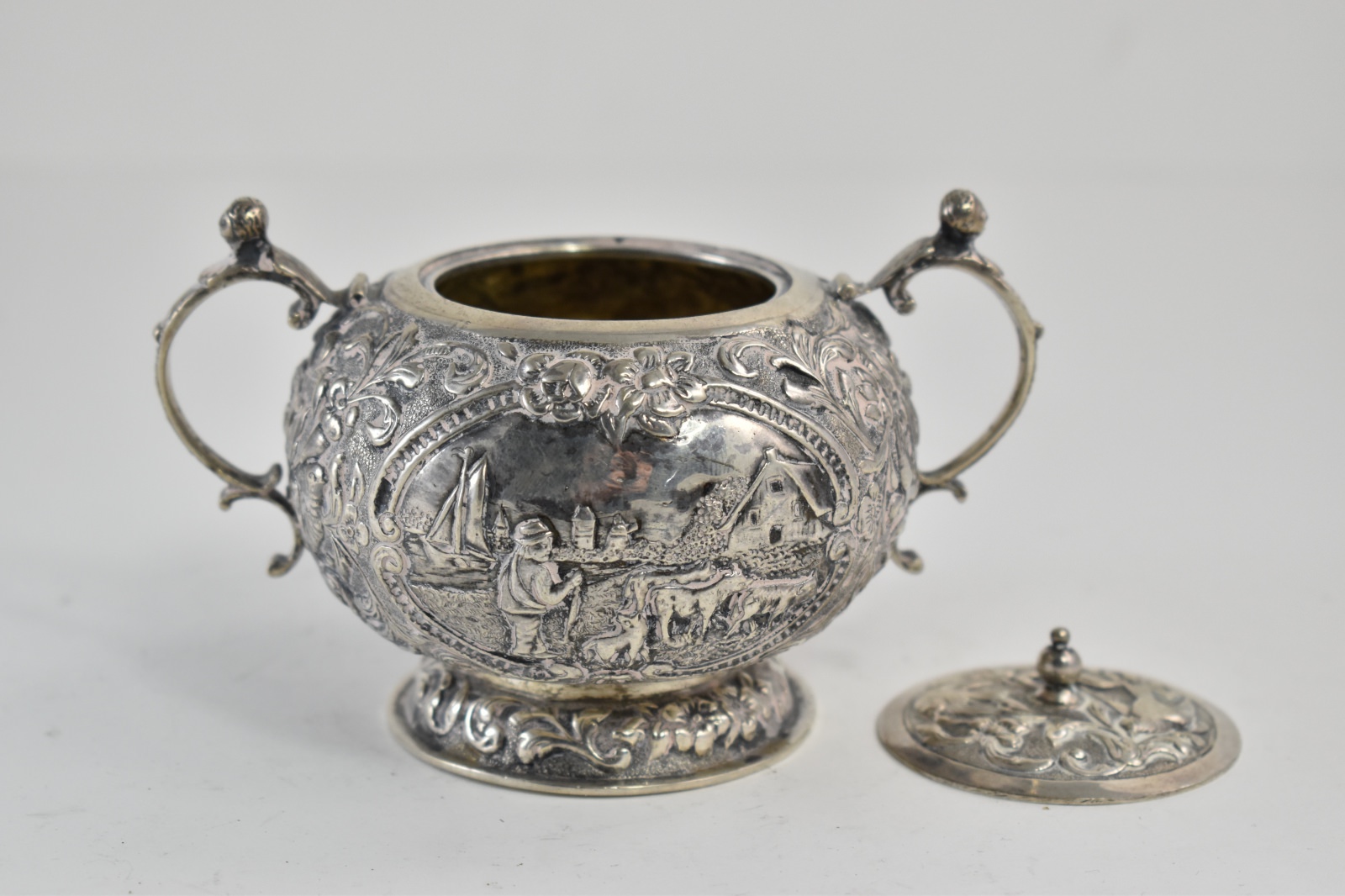 Sterling Silver Ornate Dutch Repousse Antique Sugar Bowl | Property Room
