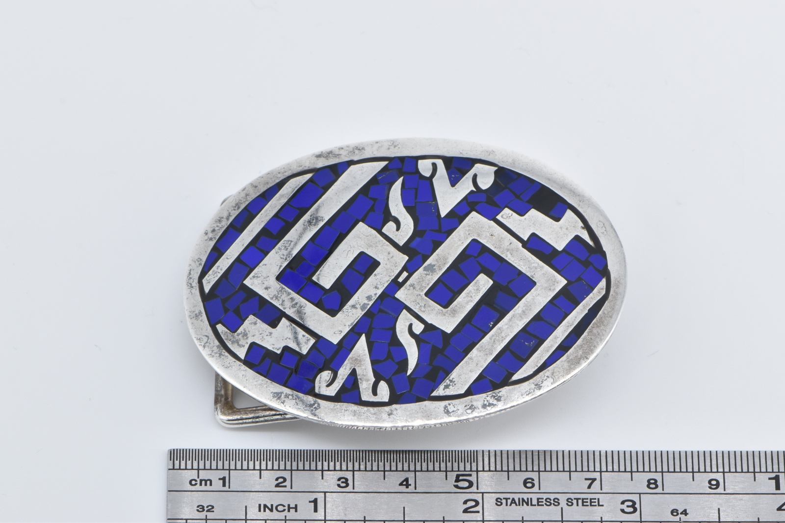 Sterling Silver Ornate Lapis Enamel Inlay Mexican Geometric Belt Buckle ...