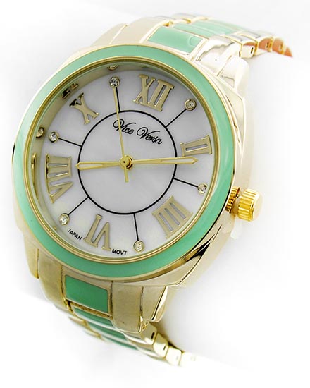 Vice Versa 18K Gold Plated Mint Green Roman Numeral Large Face - Women ...