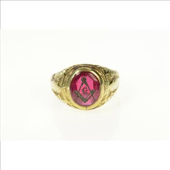 10K Art Deco Syn. Ruby Masonic Compass Squared Yellow Gold Ring, Size 9 ...