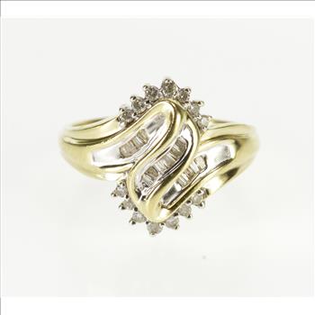 10K Baguette Channel Inset Diamond Accented Wavy Yellow Gold Ring, Size ...