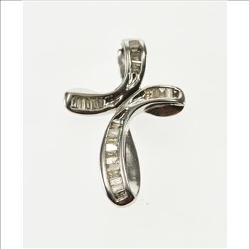 10K Baguette Diamond Channel Inset Wavy Cross White Gold Pendant ...