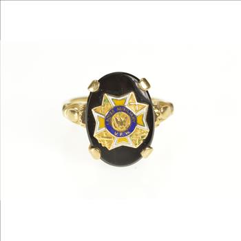 10K Black Onyx Ladies Auxiliary VFW Enamel Sigil Yellow Gold Ring, Size ...