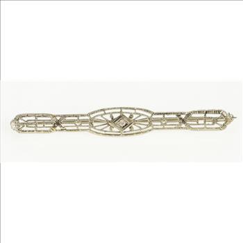 10K Diamond Art Deco Filigree Curved Bar White Gold Pin/Brooch ...