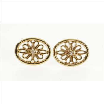 10K Diamond Inset Oval Floral Design Post Back Yellow Gold EarRings ...