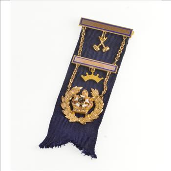 10K Masonic PMC Ornate Enamel Blue Ribbon Yellow Gold Pin/Brooch ...