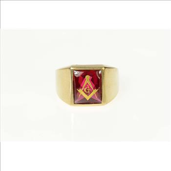 10K Masonic Retro Syn. Ruby Compass Square Yellow Gold Ring, Size 9.75 ...