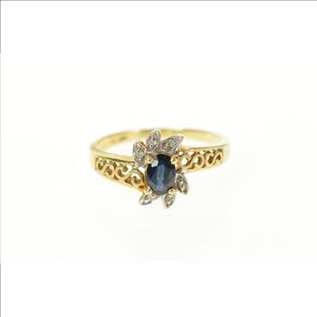 10K Natural Sapphire Diamond Filigree Bypass Yellow Gold Ring, Size 7. ...
