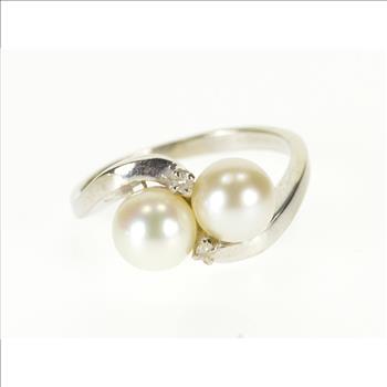 10K Pearl Diamond Inset Wavy Bypass Freeform White Gold Ring, Size 6.75 ...