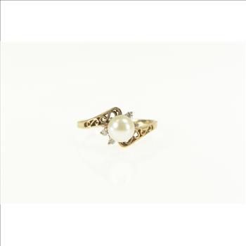 10K Pearl Diamond Retro Scroll Filigree Bypass Yellow Gold Ring, Size 6 ...
