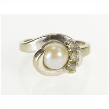 10K Retro 1950's Pearl Inset CZ Swirl Design White Gold Ring, Size 3.75 ...