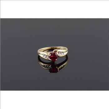 10K Syn. Ruby Diamond Channel Inset Heart Bypass Yellow Gold Ring, Size ...