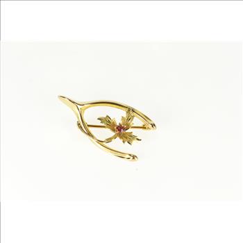 10K Wishbone Leaf Syn. Ruby Inset Lucky Yellow Gold Pin/Brooch ...