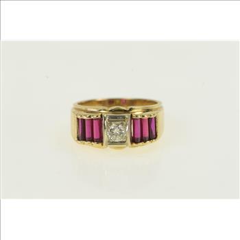 14K 1930's Diamond Syn. Ruby Bar Men's Yellow Gold Ring, Size 10.75 ...