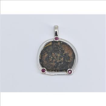 14K Ancient Coin Diamond Ruby Ornate Statement White Gold Pendant ...