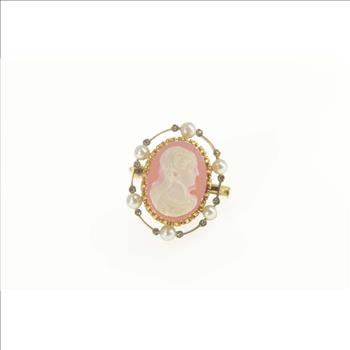 14K Catherine De Medici Pearl Diamond Cameo Yellow Gold Pin/Brooch ...