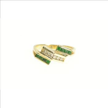 14K Diamond Emerald Squared Slant Bypass Yellow Gold Ring, Size 6.25 ...