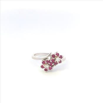 14K Diamond Ruby Cluster Flower Bypass White Gold Ring, Size 6 ...