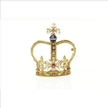14K Encrusted Victorian Diamond Ruby Crown Yellow Gold Pin/Brooch ...