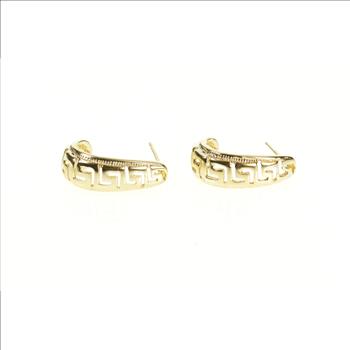 14K Greek Key Wave Pattern Curved Semi Hoop Yellow Gold Earrings ...