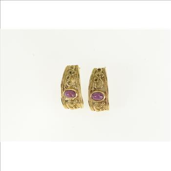 14K Natural Ruby Etruscan Revival Semi Hoop Yellow Gold Earrings ...