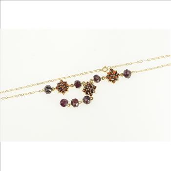 14K Ornate Garnet Cluster Beaded Chain Drop Yellow Gold Necklace 16.75 ...