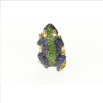14K Pave Sapphire Peridot Ruby Frog Statement Yellow Gold Ring, Size 9. ...